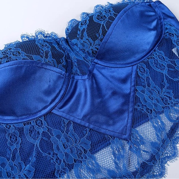 36zips | Tops | Nwt M Blue Sexy Lace Mesh Satin Corset Bustier Top ...